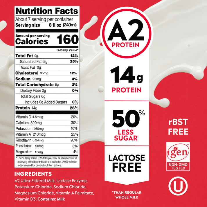 Whole Milk, Ultra-Filtered: 14g A2 Protein, 50% Less Sugar – Pioneer ...